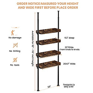 ALLZONE Bathroom Organizer, Over The Toilet Storage, 4-Tier Adjustable Wood Shelves for Small Rooms, Saver Space Rack, 92 to 116 Inch Tall, Narrow Cabinet, Rustic Brown