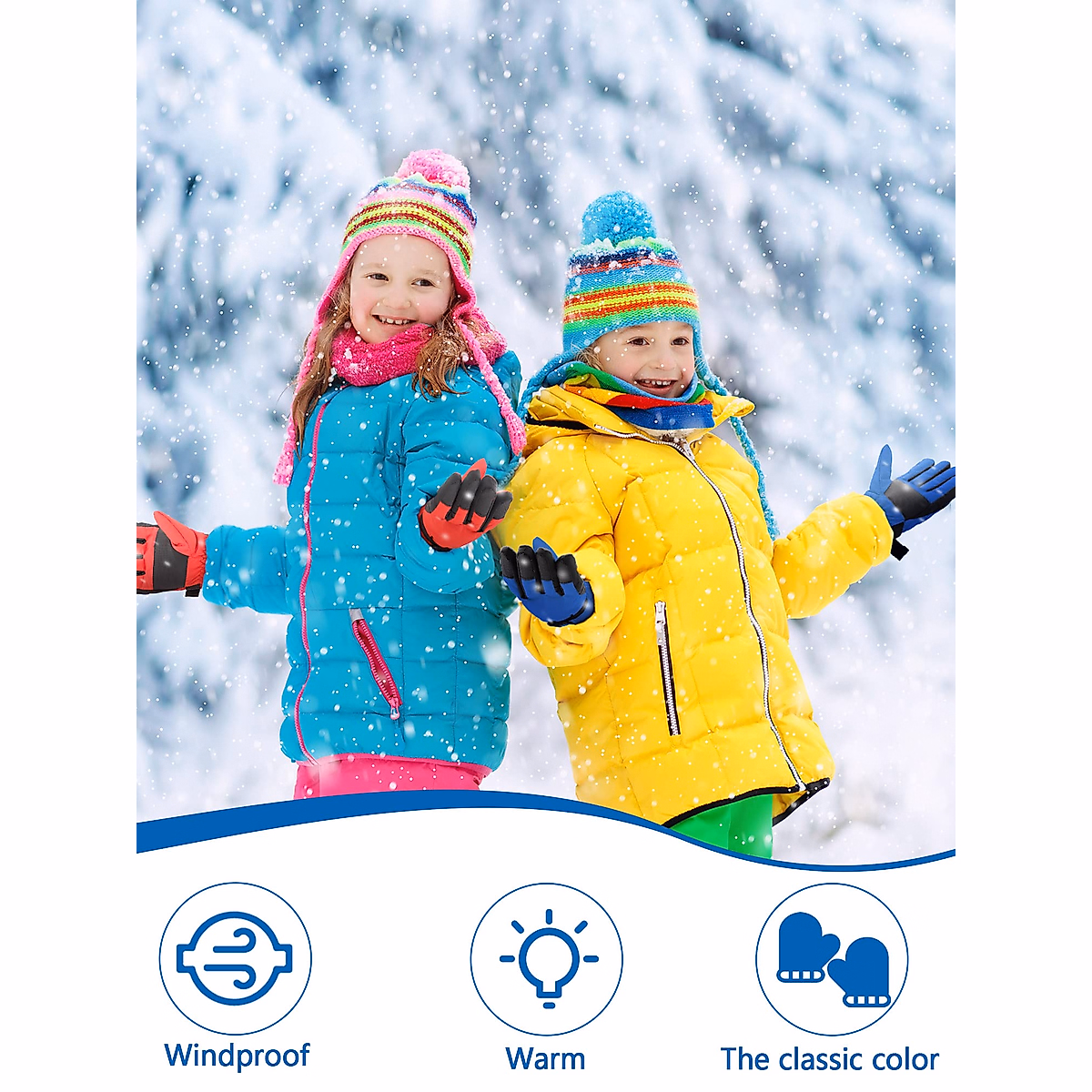 Eurzom 2 Pairs Kids Winter Gloves Waterproof Ski Gloves Windproof Warm Unisex Ski Gloves Warm Snow Gloves with Hook and Loop(Red, Blue, for 6-13 Years)