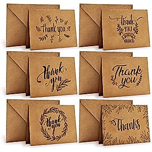 Thank You Cards of Ohuhu, 36 Pack Brown Kraft Paper 6 Design of Assorted Thank U Greeting Note Card with Envelopes and Stickers for Wedding, Business, Birthday, Baby Shower, Blank Inside, 4 x 6 Inch