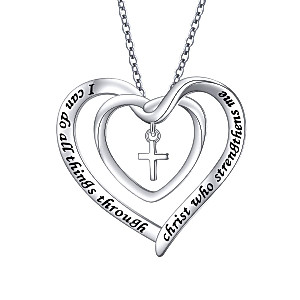 DAOCHONG S925 Sterling Silver Cross Heart Inspirational Christian Faith Bible Verse Pendant Necklace for Women Teen