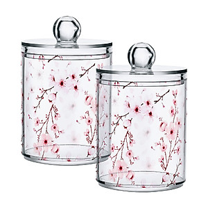 senya Clear Plastic Jars Cotton Swabs Cans, Cherry Blossom Branche Bathroom Canisters Storage Organizer with Lids 2PCs Set for Cotton Ball, Cotton Swab, flossers, Hair Bands