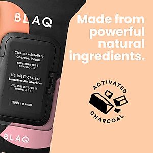 BLAQ Activated Charcoal Face Wipes - Dual Sided Charcoal Facial Cleansing Cloths - Makeup Remover, Exfoliating AHA boosted, Pore Cleansing for Acne Prone Skin - Travel Size Face Wash Cloth - 25 pcs