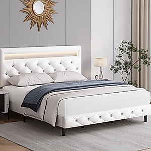 Modern Upholstered Platform Bed Frame with LED Headboard, Faux Leather Low Profile Platform Bed Frame, Strong Wood Slat Support, Adjustable Upholstered Headboard, Easy Assembly, White, Queen Size