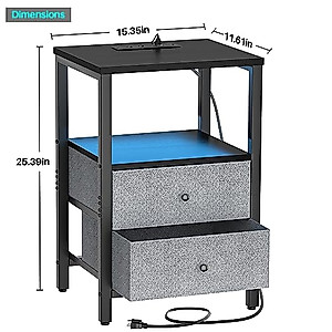 Cyclysio Night Stands Set of 2 with Charging Station, Night Stand with LED Lights, 25.6'' End Table Bedside Tables with 2 Drawers, 3 Tier Tall Night Stand with Storage for Bedroom Living Room, Black