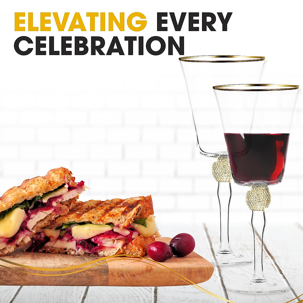 BERKWARE Premium Wine Glasses Set of 2 - Crystal Long Stem Wine Glass Goblet with Gold Rim & Rhinestone Design - 14.7 oz