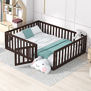 Harper & Bright Designs Full Size Floor Bed for Kids, Montessori Bed Frame with Guardrails and Door, Wooden Floor Bed for Kids, Boys Girls (Full Size, Walnut)
