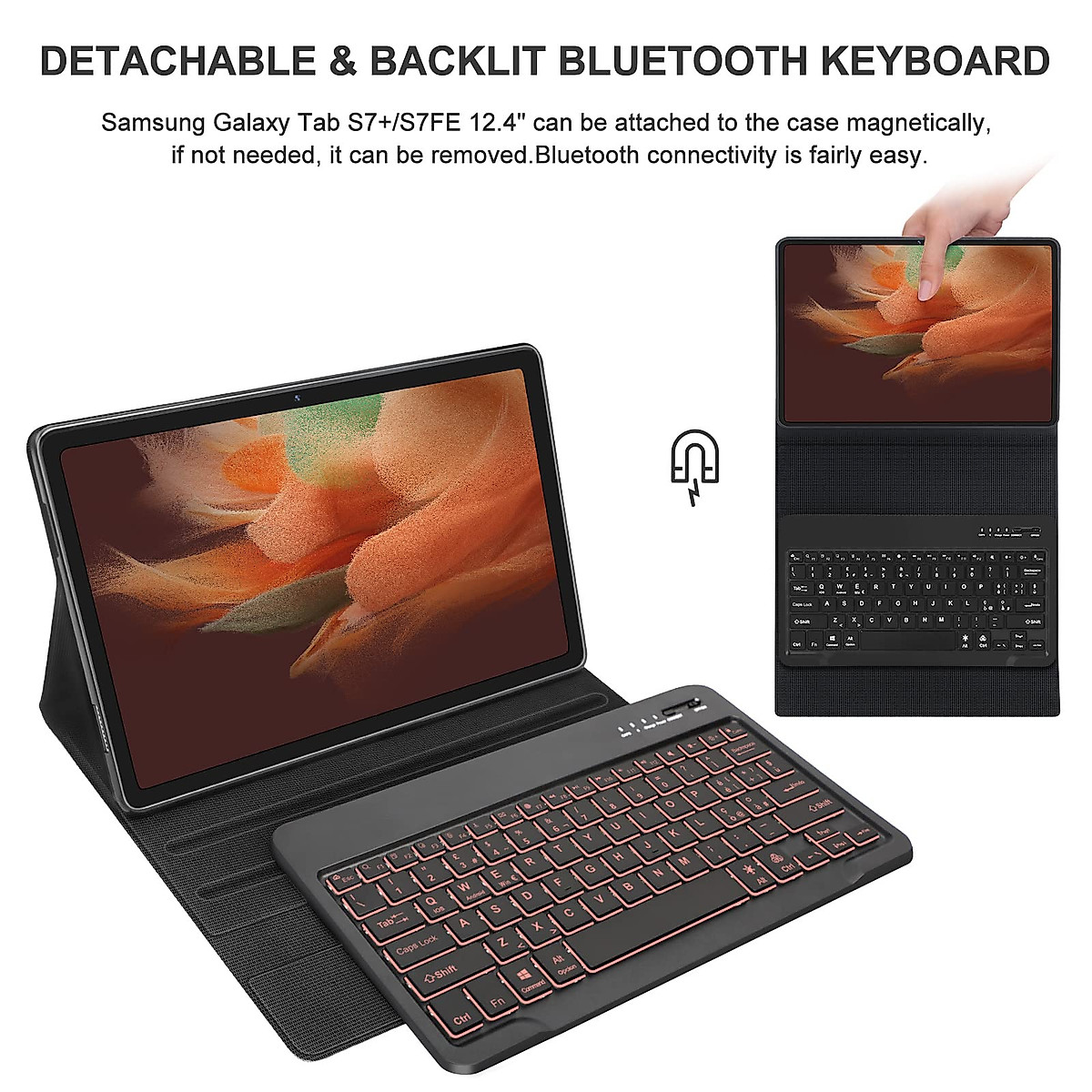 JADEMALL Keyboard Case for Galaxy Tab S7 FE 5G / S8 Plus / S7Plus – Detachable Bluetooth Backlight Magnetic Keyboard - 12.4 Inch Slim Folio Smart Cover with S Pen Holder, Auto Sleep/Wake - Rose Gold