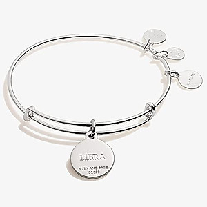 Alex and Ani Zodiac Expandable Bangle for Women, Libra Charm, Black Epoxy and Crystals, Shiny Silver Finish, 2 to 3.5 in