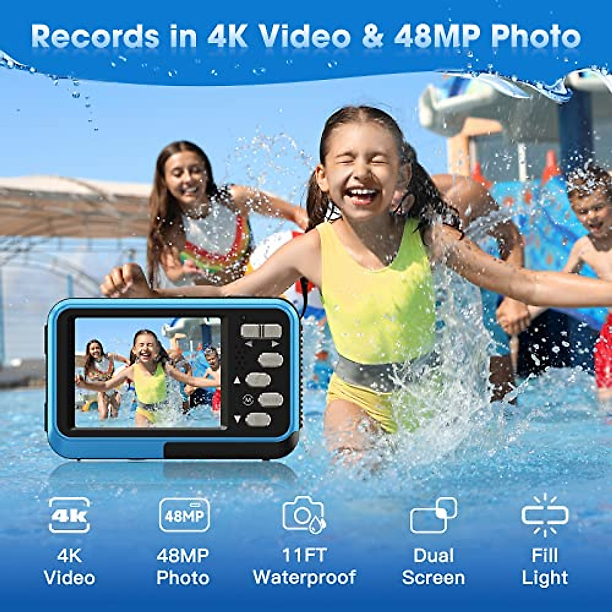 4K Waterproof Camera Underwater Camera 64GB Card Included in the Adapter Dual Screens Selfie 48MP 16X Digital Zoom Digital Camera Fill Light 11FT Underwater Camera for Snorkeling Kids with 2 Batteries