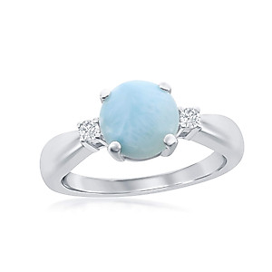 Sterling Silver High Polish Four-Prong Round Larimar with CZ Ring (Size 8)