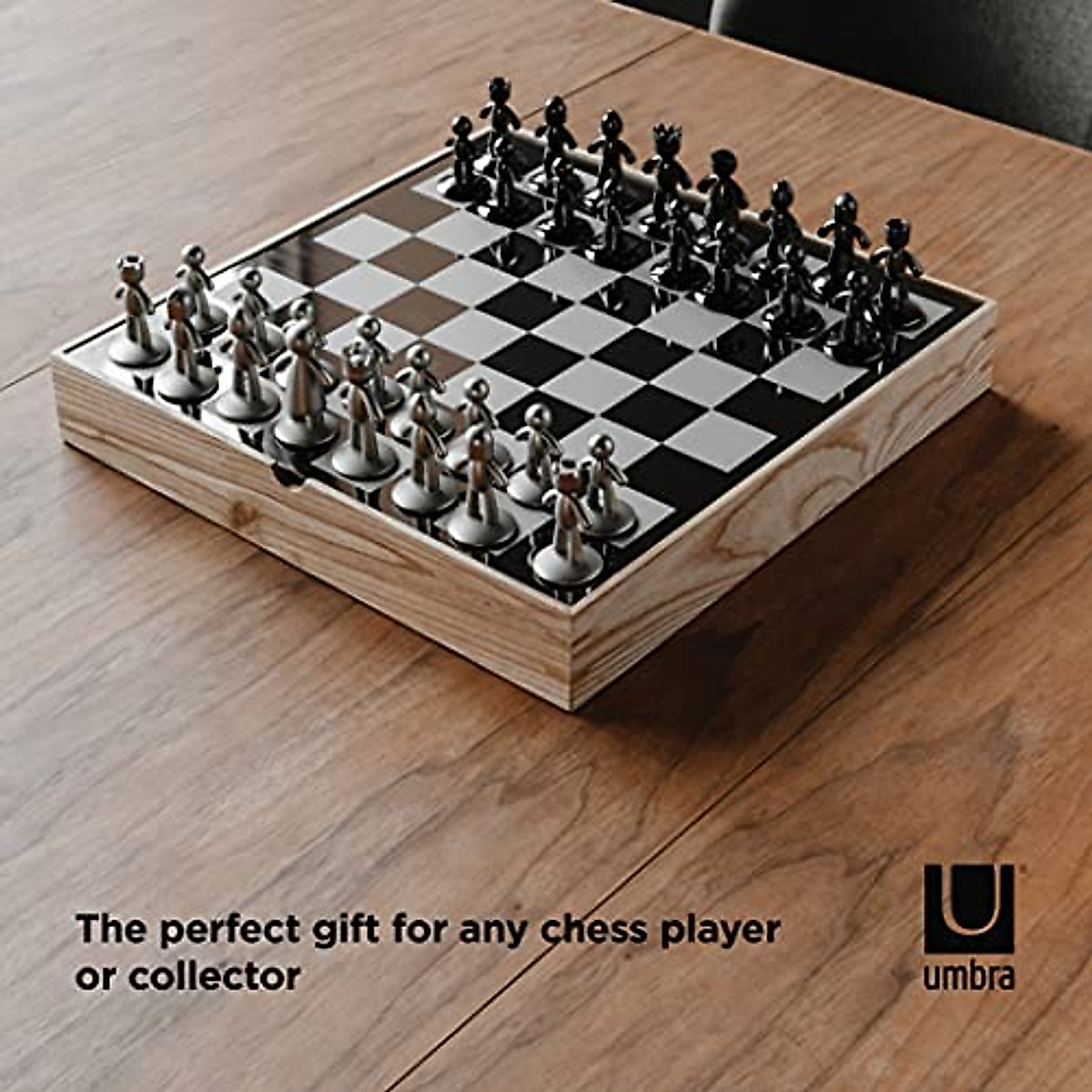 Umbra Buddy Chess Set For Kids & Adults – Modern Original Chessboard Game Made of Metal With Nickel & Titanium Finish – Measures 13 x 13 by 1 ½ Inch (33 x 33 x 3.8 cm) - Velvet Bottom for Easy Moving