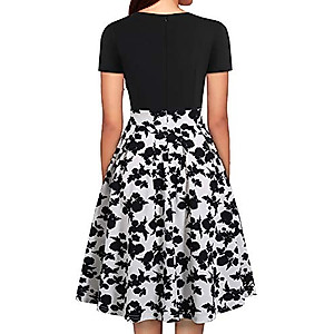 YATHON Women's Vintage Floral Flared A-Line Swing Casual Party Dresses with Pockets (S, YT018-Black White Flo)