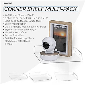 BRAINWAVZ 3-Pack Mixed Size Corner Shelf (8” 9.5” & 10”) for Speakers, Books, Decor, Plants, Cameras, Photos, Kitchen, Bathroom, Routers & More Universal Small Holder Acrylic Wall Shelves (Clear)