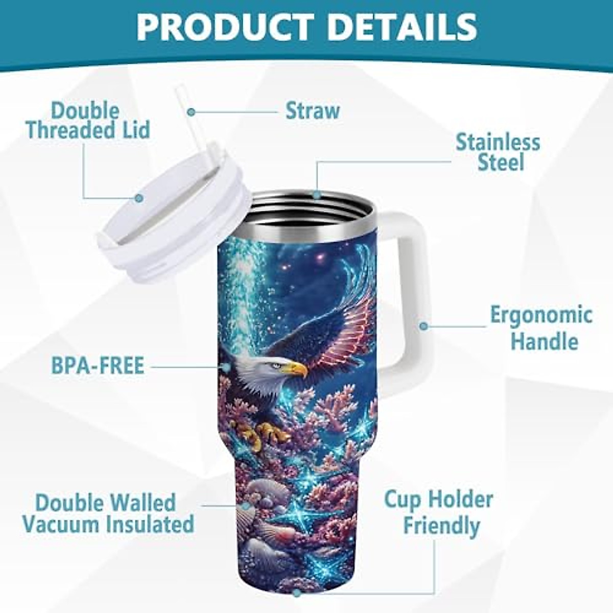 Slewiaeky Tumbler with Handle 40 oz Hawk Animal Kawaii America Travel Mug with Lid and Straw Stainless Steel Vacuum Insulated Water Bottle Cup for Iced Tea Coffee Cold Beverages Cup Holder Friendly