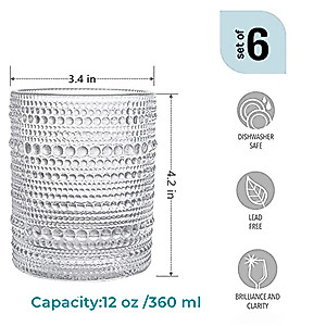 Bandesun Romantic Water Glasses, 12 oz Hobnail Drinking Glasses Set 6, Embossed Vintage Glassware Set for Beer, Cocktail, Soda, Beverage clear