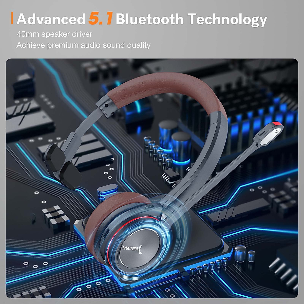 MAIRDI Bluetooth Headset with Microphone for PC, in-Built with Bluetooth Adapter for Computer, Truck Driver Wireless Headset for Work Office CallCenter Telephone Microsoft Teams Skype Conference