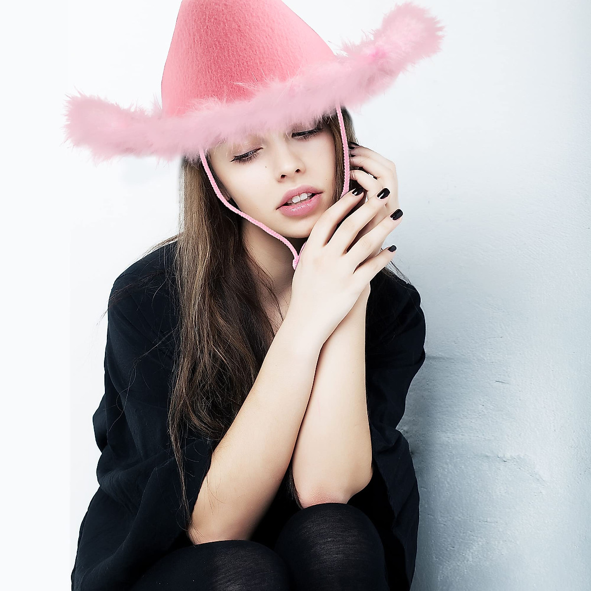 Rcanedny 4 Pack Cowboy Hat Western Women Cowboy Hat with Feathers Pink Feather Cowgirl Hat with Adjustable Neck Draw String for Adult Birthday Gifts Halloween Party Costume (color set 2)