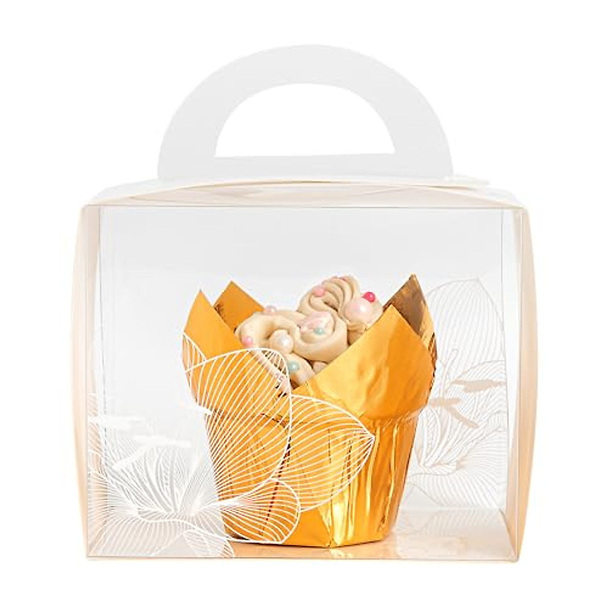 Restaurantware-5 Inch x 3.25 Inch Individual Cupcake Boxes, 100 Disposable Cupcake Display Boxes - With Handle, Lotus Accent, Clear Plastic Single Cupcake Containers, For Weddings Or Birthdays