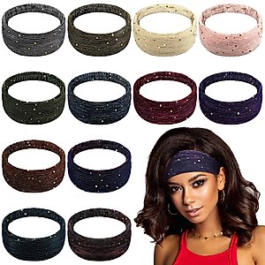 Wavyknot 12 Pieces Bling Boho Headbands Sequins Wide Headbands African Head Wrap Stretchy Hair Bands Breathable Turban Elastic Yoga Running Sport Hair Scarf Hair Accessories for Women
