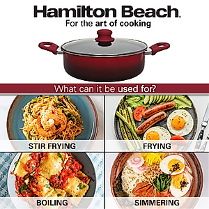 Hamilton Beach Low Dutch Oven Pot 12 Inch Red, Nonstick Cooking Pot with Soft Touch Bakelite Handle & Glass Lid | Superb Heat Conduction Deep Fryer Pot, Multipurpose Use