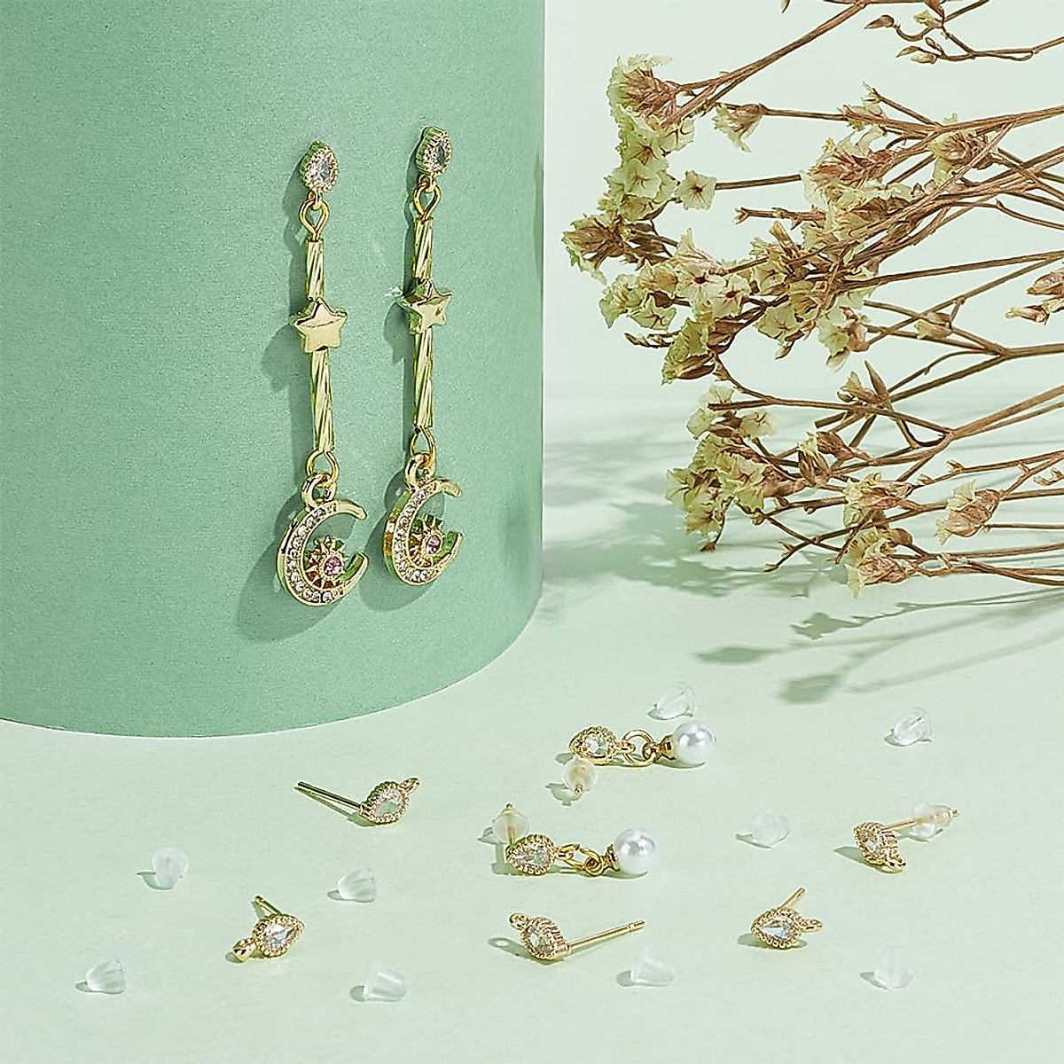 BENECREAT 10PCS 18K Real Gold Plated Teardrop Cubic Zirconia Earring Studs with Loop for Earring DIY, Valentine's Day Jewelry Gift Making, Hole: 1mm