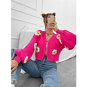 MakeMeChic Women's Floral Applique Lantern Sleeve Open Front Cropped Cardigan Sweater Hot Pink L
