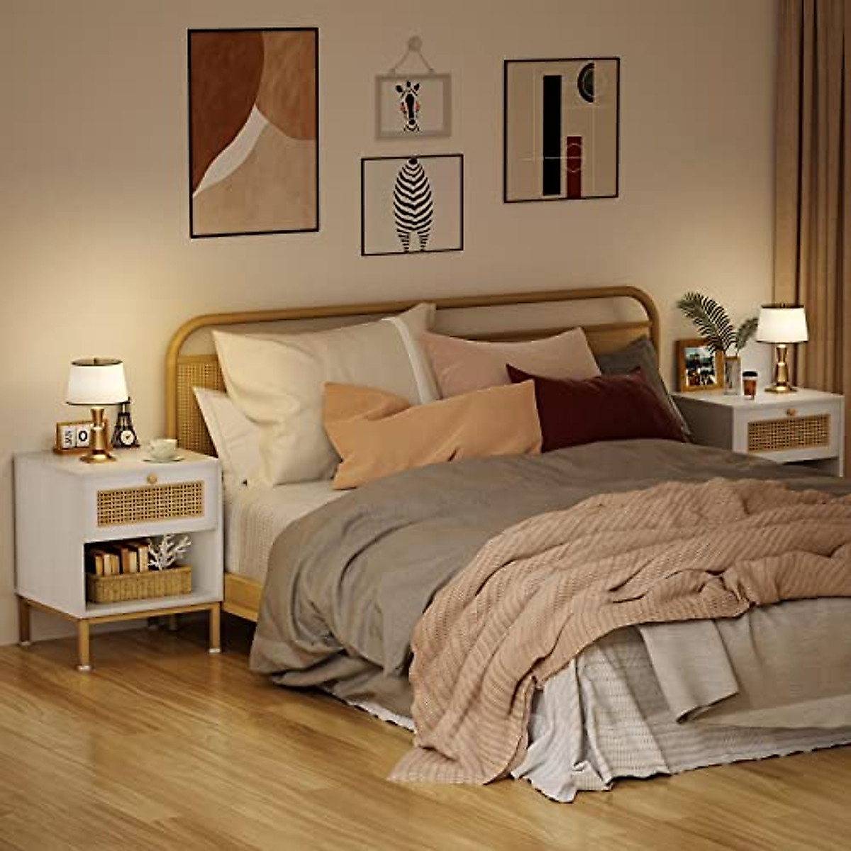 Ecoprsio Nightstands Set of 2 for Bedroom, Boho Bed Side Table with Storage Drawer, Mid-Century Modern Night Stand with Wood Finish and Rattan Drawer, End Table, Sofa Couch Side Table - White