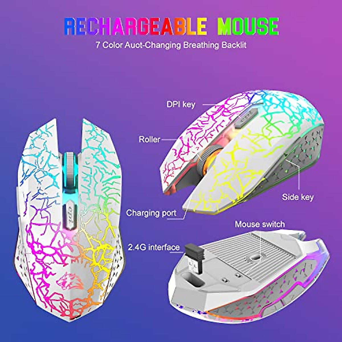 FELICON Small Wireles Gaming Keyboard and Mouse Combo, Rechargeable RGB Backlit 64 Keys Mini Double Color Keyboard and Crack Light Up Mouse, Mouse Pad for PC, MAC, Gamer