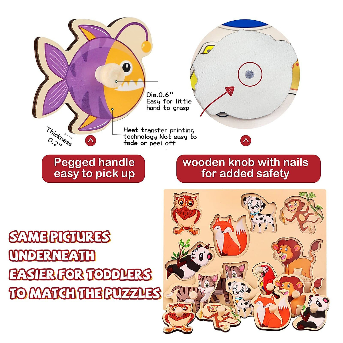 Wooden Peg Puzzles for Toddlers, 4 Pack Toddler Puzzles Set with Wooden Knobs, Preschool Learning Educational Animals Shapes Insects Pegged Puzzle Toys for 2 3 Year Old (Style 1)