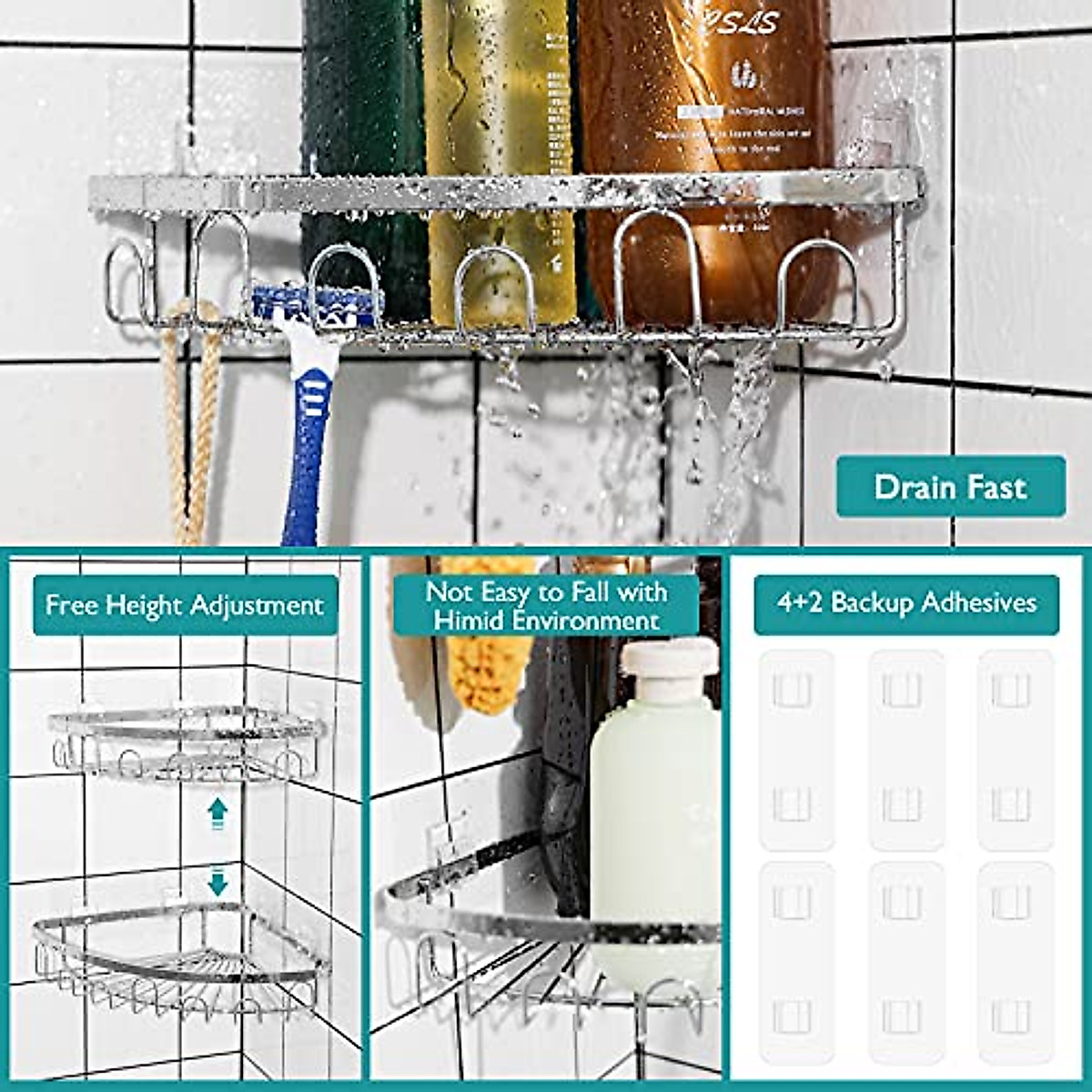 Lagute 2-Pack Corner Shower Caddy, SUS304 Stainless Steel, Wall Mounted Bathroom Shelf with Adhesive, Rustproof Storage Organizer for Toilet, Dorm and Kitchen, No Drilling, Silver