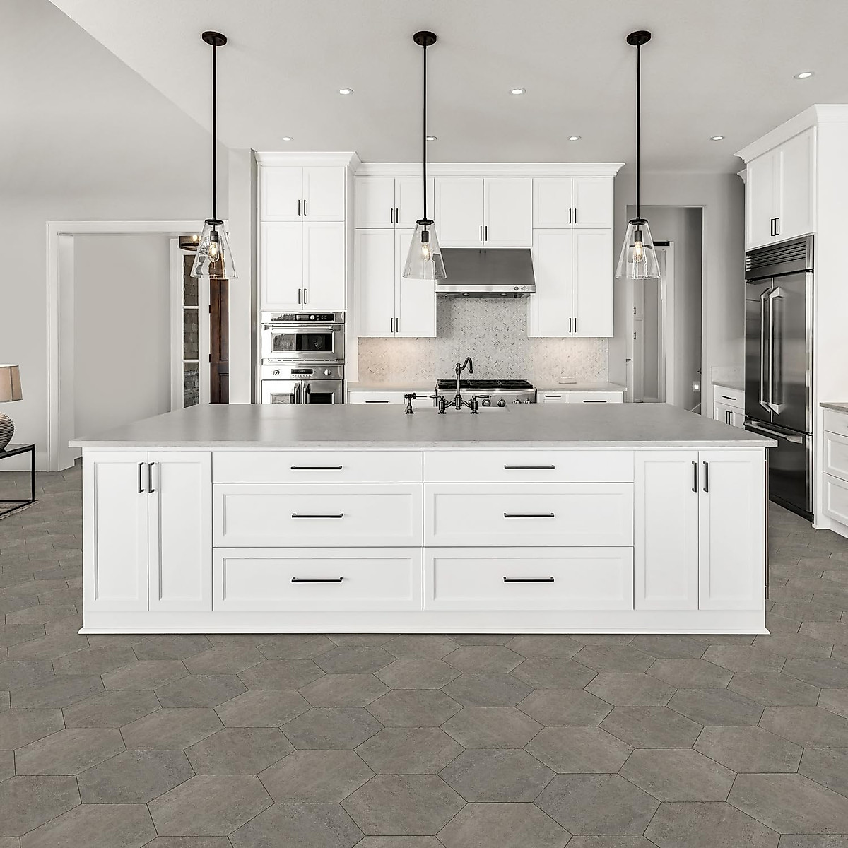 Self Adhesive Hexagon Vinyl Floor Tiles, 20 Tiles - 9" x 10.4", Floor Galore Graphite Pattern - Peel & Stick, DIY Flooring for Kitchen, Dining Room, Bedrooms & Bathrooms by Achim Home Decor