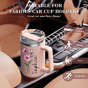 UNIGIFTIME Customized 40oz Tumbler with Handle and Straw, Personalized Stainless Steel Insulated Tumbler with Birth Flower and Name, Personalized Birthday Gifts for Women and Men, Mother's Day Gift