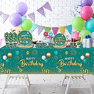 XFongFron Teal and Gold Happy Birthday Decorations Birthday Party Disposable Tableware with Teal Gold Plates Napkins Cups and Tablecloth for 30 Guests