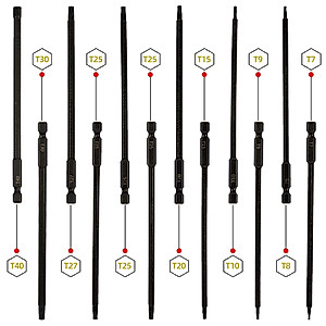 6" Long Torx Bit Set (12 Pack of Drill Bits with Case) Security Tamper Proof Star Design in T7, T8, T9, T10, T15, T20, T25 x 3, T27, T30, and T40