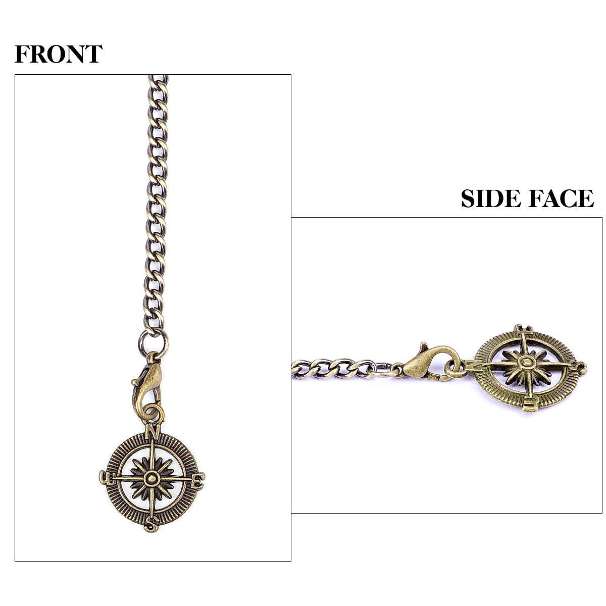 SIBOSUN Pocket Watch Albert Chain T Bar & Lobster Clasps Watch Chain Vest Chain for Men Curb Link Chain 2 Hooks with Antique Compass Pendant Design Charm Fob T-Bar Chain Bronze