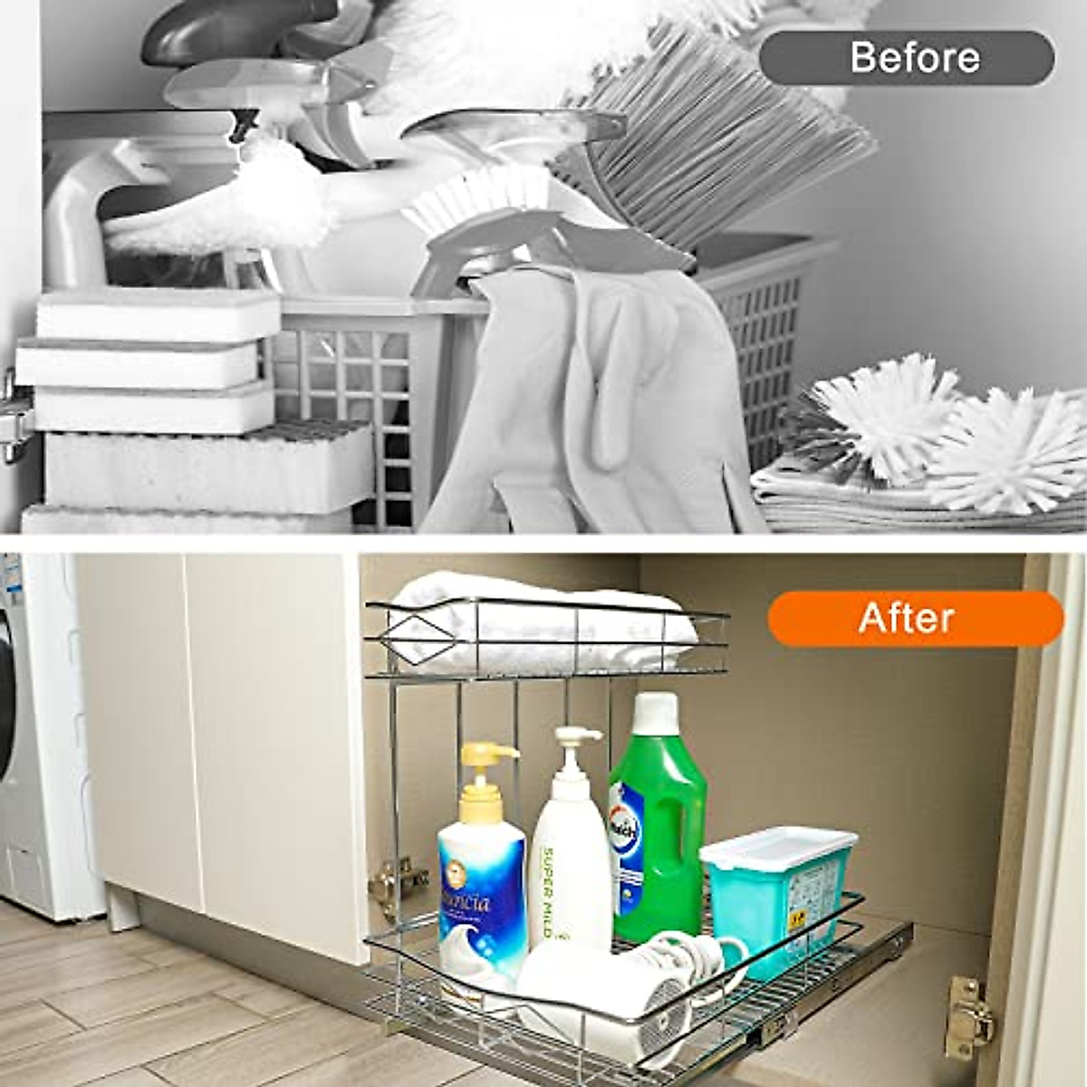 TQVAI Pull Out Cabinet Organizer, 2 Tier Under Sink Storage Shelf with Sliding Drawer, Wire Kitchen Slide Out Basket - 11.75W x 17D x 15.38H, Request at Least 12.5" Cabinet Opening