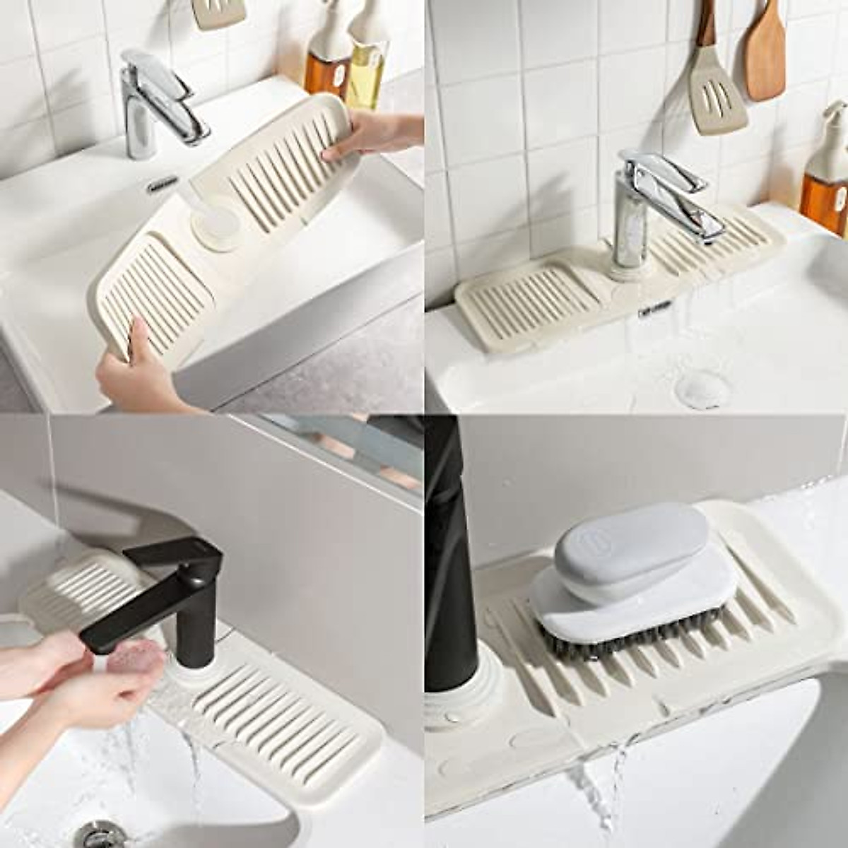 Sink Splash Guard | Silicone Faucet Mat | Handle Drip Catcher Tray | Sink Protectors for Kitchen Sink | Water Splash Guard Behind Faucet | Soap Dish Holder for Kitchen Bathroom Sinks (Grey, Large)