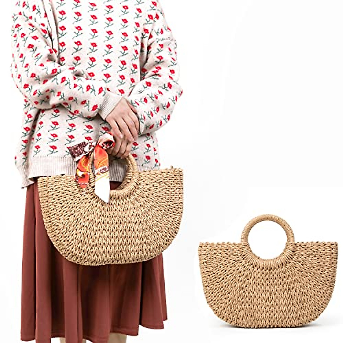 FARVALUE Summer Straw Beach Tote Bag Handmade Large Straw Tote Handbag Women's Handbags And Free Silk Scarves