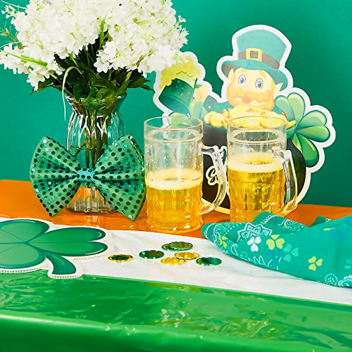 Amylove 2 Pieces Irish Tablecover St Patricks Day Tablecloth 54 x 108 Inch White Orange Green Plastic Tablecloth Lucky Disposable St Patricks Day Table Cover for Irish Day Birthday Party Decorations