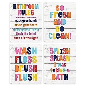 VIYZZX Colorful Kids Bathroom DecorWall Art Prints Set Of Four Photos 8x10 Farmhouse Bathroom Rules Sign Toilet Restroom Nursery Decor for Baby Girls Boys