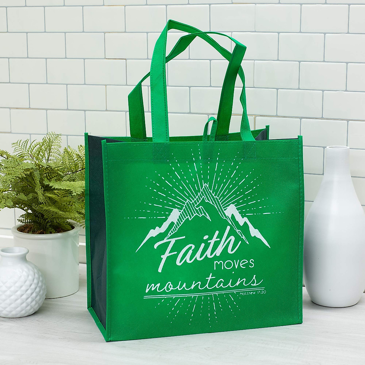 Faith Moves Mountains Scripture Green 12.5 x 12 Canvas Fabric Eco Tote Handbag