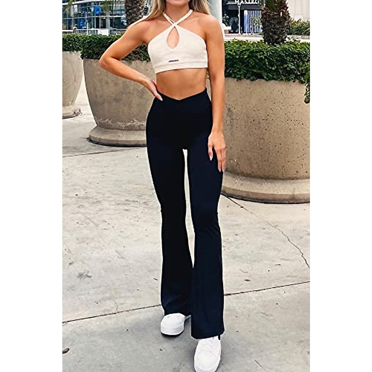 Sunzel Flare Leggings for Women with Pockets, Crossover Yoga Pants with Tummy Control, High Waisted and Wide Leg 32" Midnight Medium