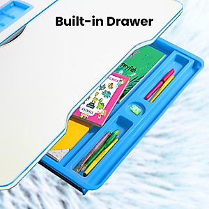 eClub Deals Kids Functional Desk and Chair Set, Height Adjustable Children's Study Desk for Ages 4-12, Book Stand, LED Light and Storage Drawer - for Baby Bedroom, Game Rooms, Blue