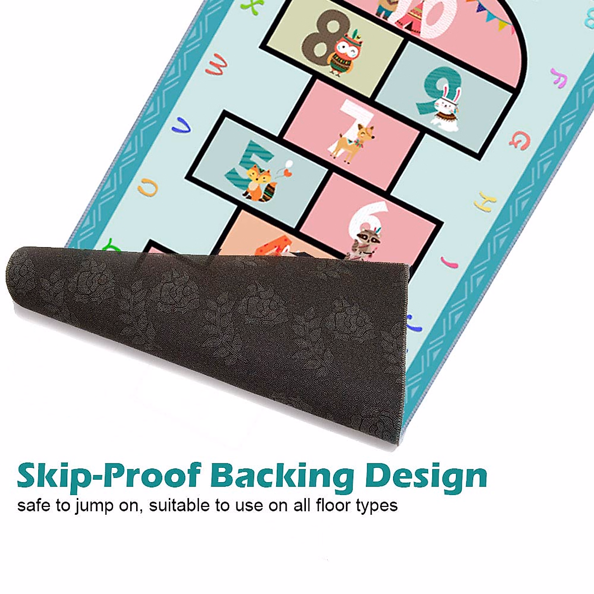 Hopscotch Rug 63”x31, Hop and Count Game Rug with Colorful Alphabet and Animals Design Anti-Slip Kids Play Mat, Soft Floor Area Rug & Carpet Playroom Bedroom Living Room