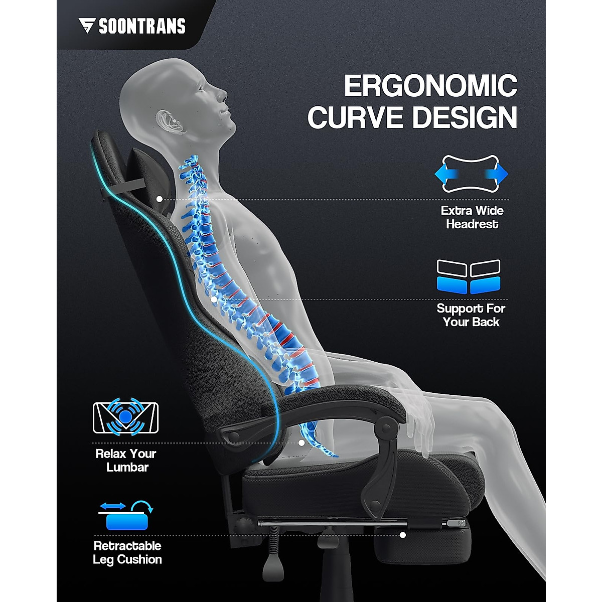 Soontrans Black Gaming Chairs with Footrest, Ergonomic Gamer Chair, Home Office Chair,PC Computer Chair with Headrest and Lumbar Support(Dark Black)