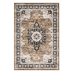 DEXI Washable Area Rug, Soft Vintage Indoor Rugs for Bedroom Living Room Kitchen Dining Room, Non-Slip Low-Pile Floor Carpet Mat for High Traffic Inside House, 8'x12', Brown