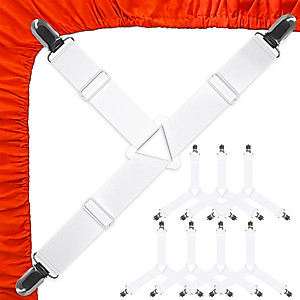 5 STARS UNITED Bed Sheet Straps Set, Elastic Fasteners with Metal Clips, Sheet Holders for Corners, Fitted Sheet Clips to Hold Sheets in Place, Bed Sheet Clips with Adjustable Bed Bands (8 Pcs White)