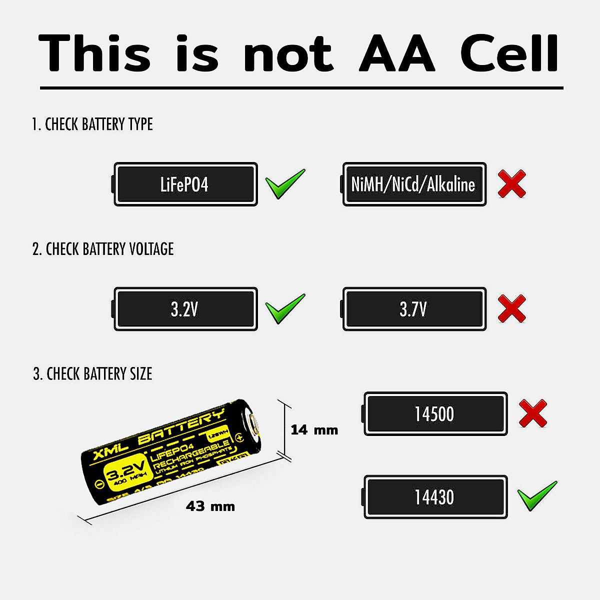 XML Battery 4/5 AA 14430 3.2v 400mAh LiFePO4 Lithium Rechargeable Battery Pack Replacement for Outdoor Solar Lights IFR 14430P (1 Pack)