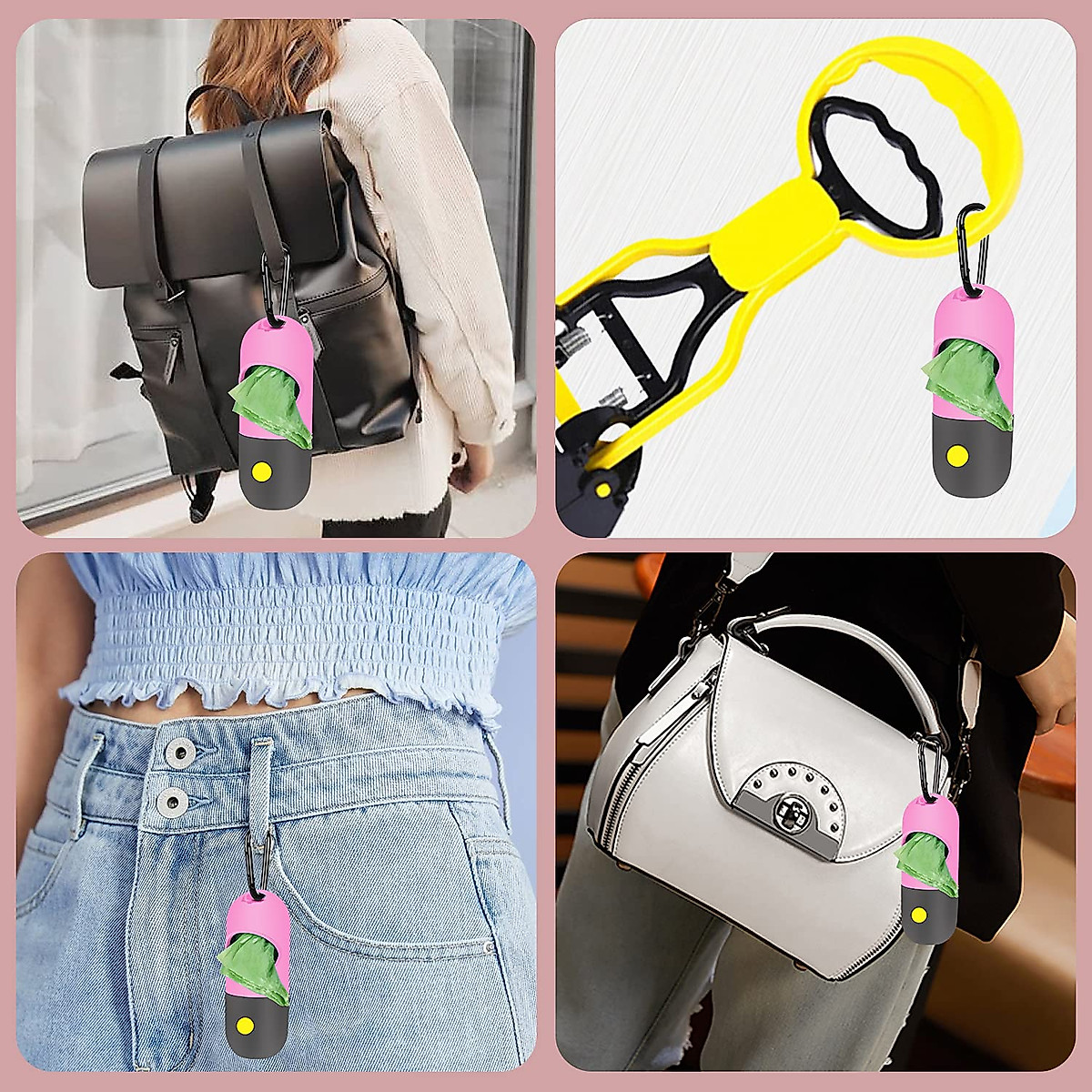 2 Pack Dog Poop Bag Dispenser with Built-in LED Flashlight, Pet Waste Bag Holder for Leash with Carabiner Clip for Lead Leash, 2 Rolls Leak-proof Doggy Waste Bags for Dog Walking, Pink, Eliamo