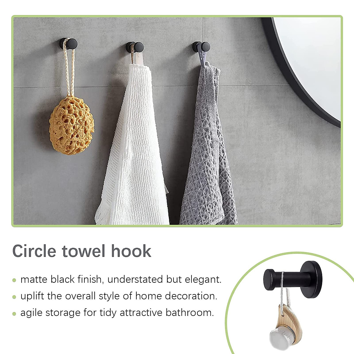 ZPJWYME 6 Pcs Towel Hooks Matte Black 2.2" Round Towel Holder 304 Stainless Steel Robe Hook Holder Robe Hook for Wall Clothes Wall Hooks for Bathroom Kitchen Bedroom